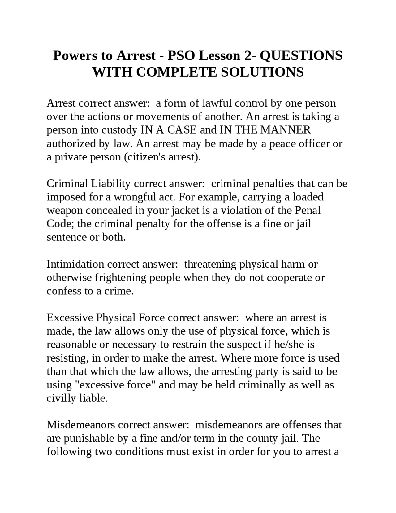 Powers to Arrest - PSO Lesson 2- QUESTIONS WITH COMPLETE SOLUTIONS ...