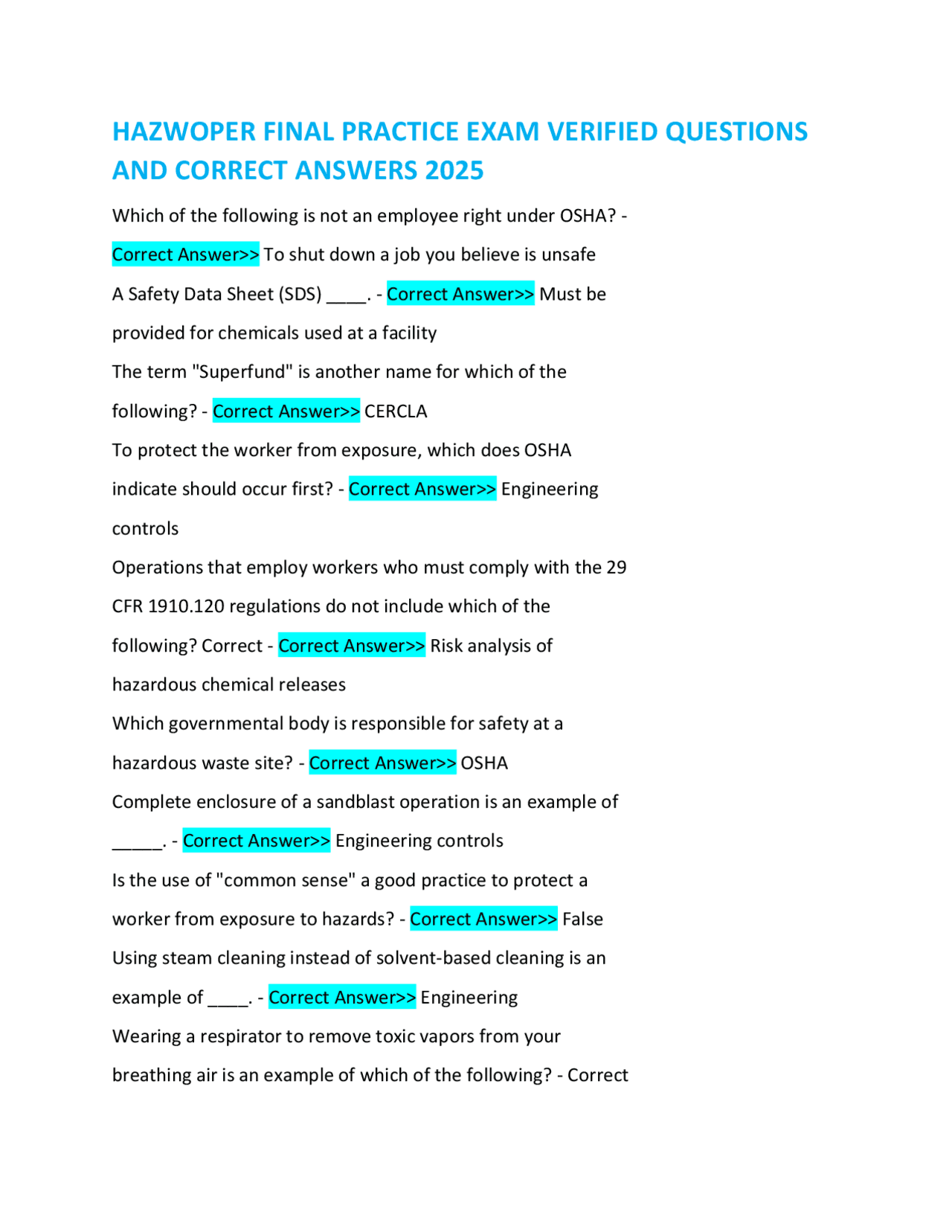 HAZWOPER FINAL PRACTICE EXAM VERIFIED QUESTIONS AND CORRECT ANSWERS ...
