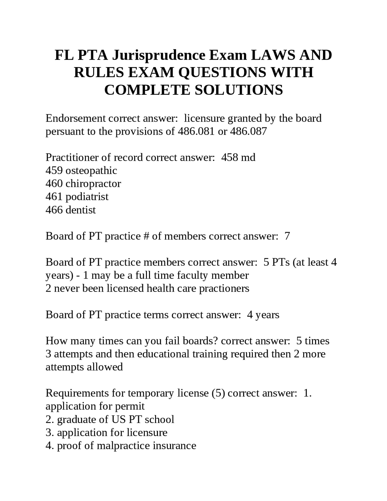 Florida PTA Jurisprudence Exam: Laws and Rules Exam Questions with Complete Solutions | Exams ...