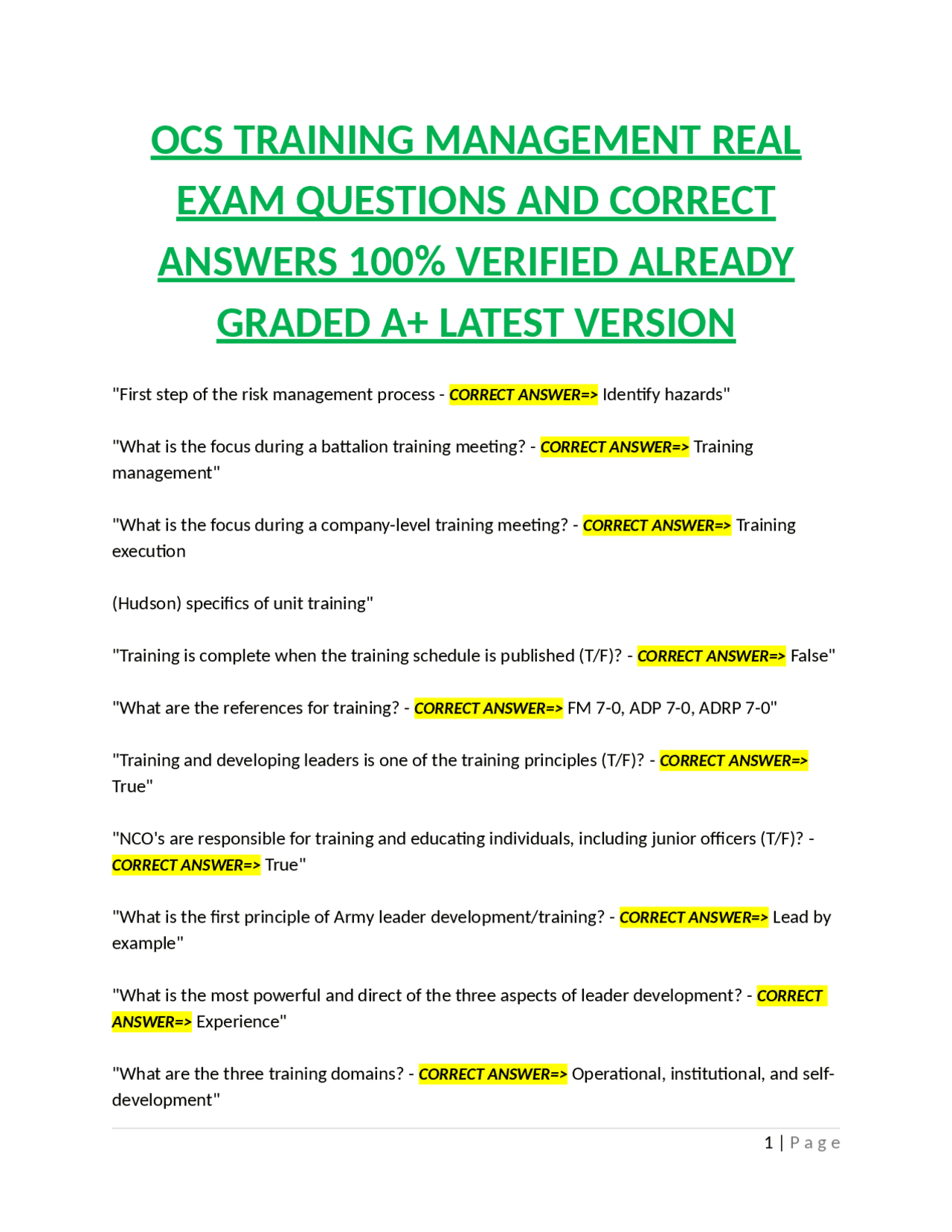OCS TRAINING MANAGEMENT REAL EXAM QUESTIONS AND CORRECT ANSWERS 100% ...