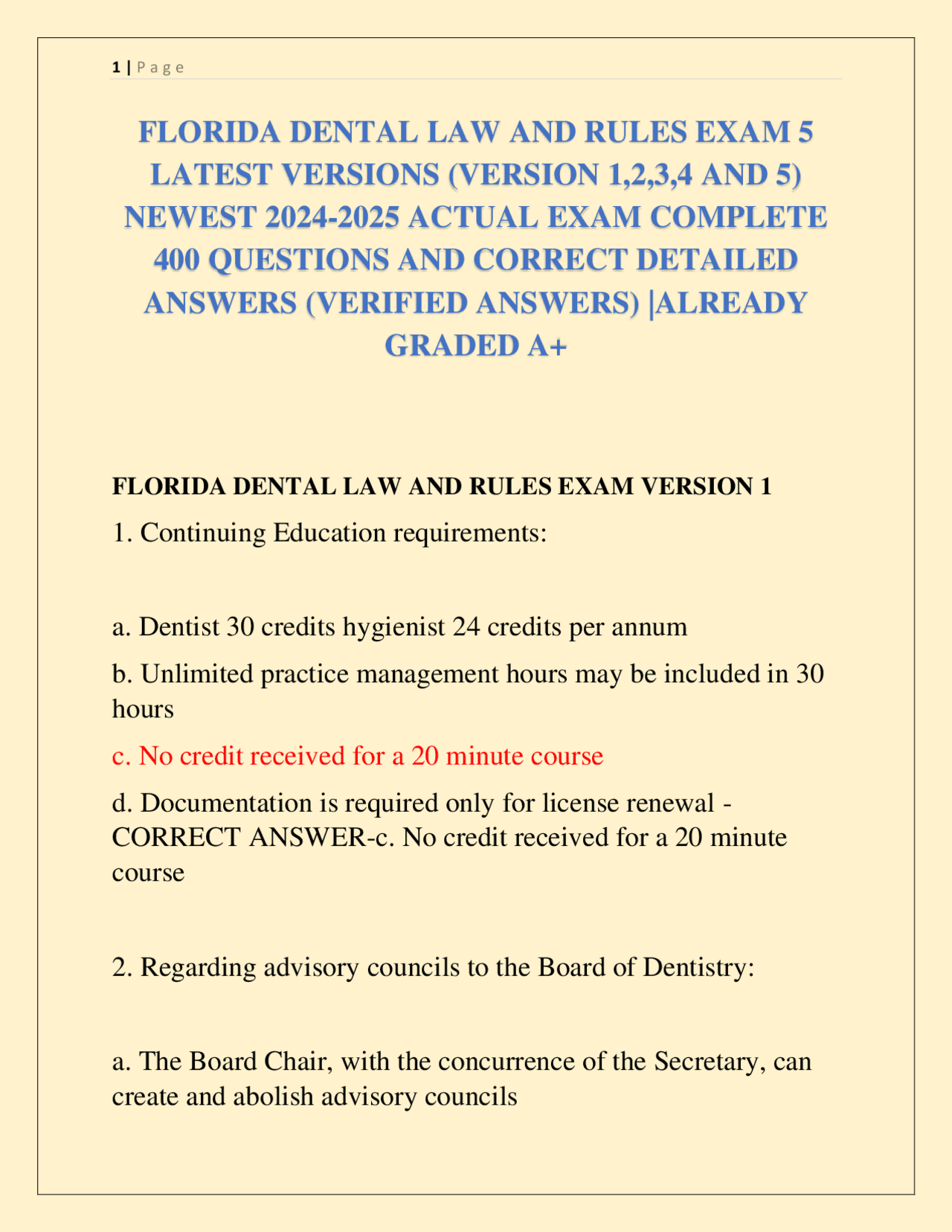 FLORIDA DENTAL LAW AND RULES EXAM 5 LATEST VERSIONS (VERSION 1,2,3,4 ...