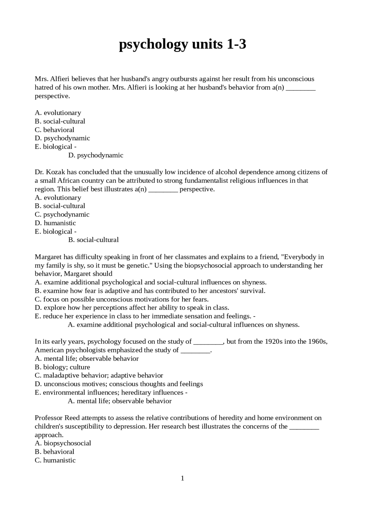 Psychology Units 1-3: Multiple Choice Questions and Answers | Exams ...