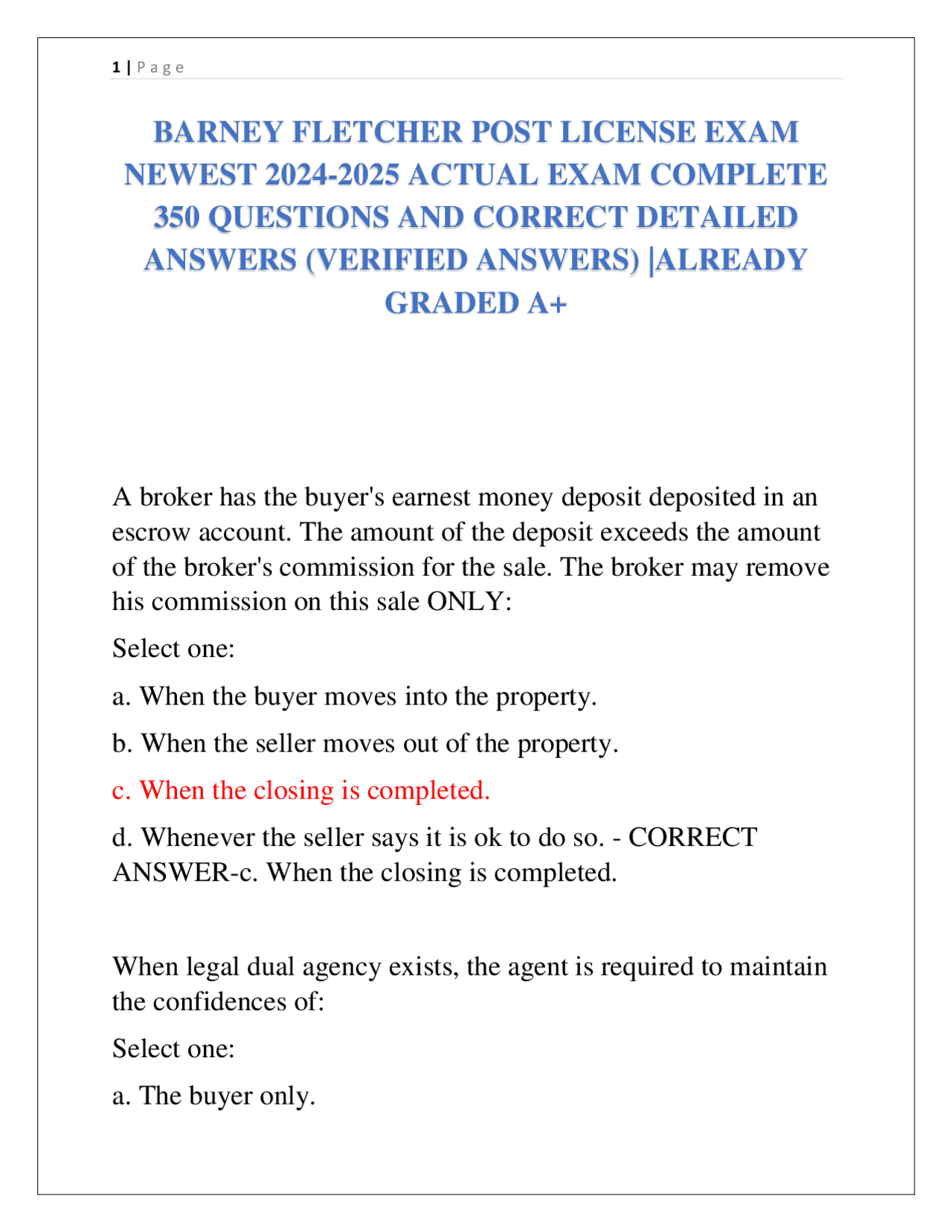 BARNEY FLETCHER POST LICENSE EXAM NEWEST 2024-2025 ACTUAL EXAM COMPLETE 350 QUESTIONS AN | Exams ...