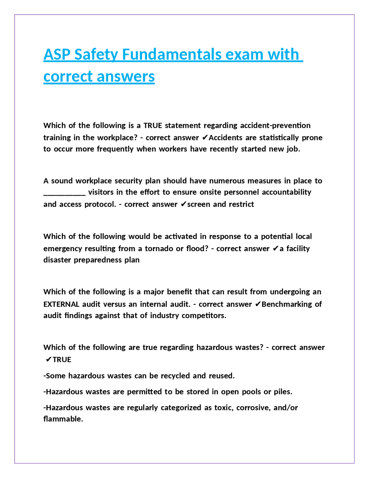 ASP Safety Fundamentals Exam: Multiple Choice Questions and Answers ...