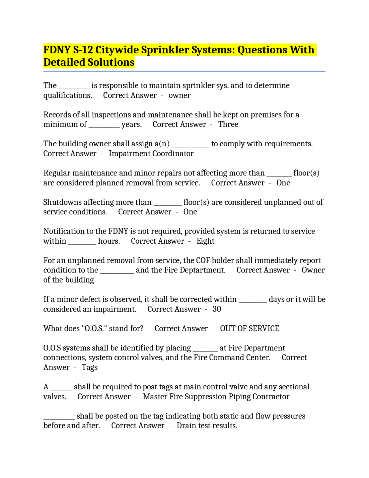 FDNY S-12 Citywide Sprinkler Systems: Questions and Answers | Exams ...