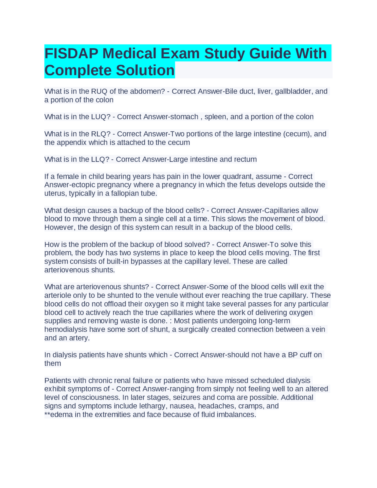 FISDAP Medical Exam Study Guide With Complete Solution | Exams Advanced Education | Docsity