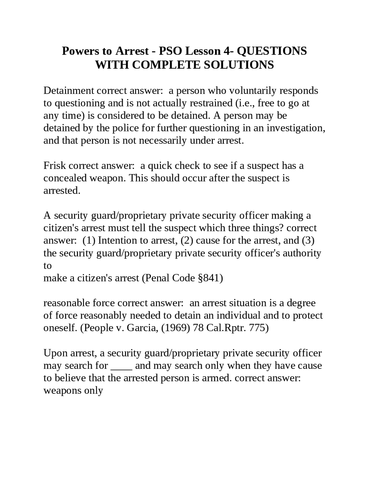 Powers to Arrest - PSO Lesson 4- QUESTIONS WITH COMPLETE SOLUTIONS ...