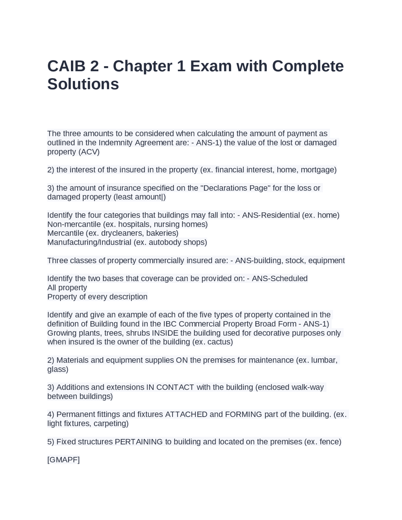 CAIB 2 - Chapter 1 Exam with Complete Solutions: Insurance Concepts and ...