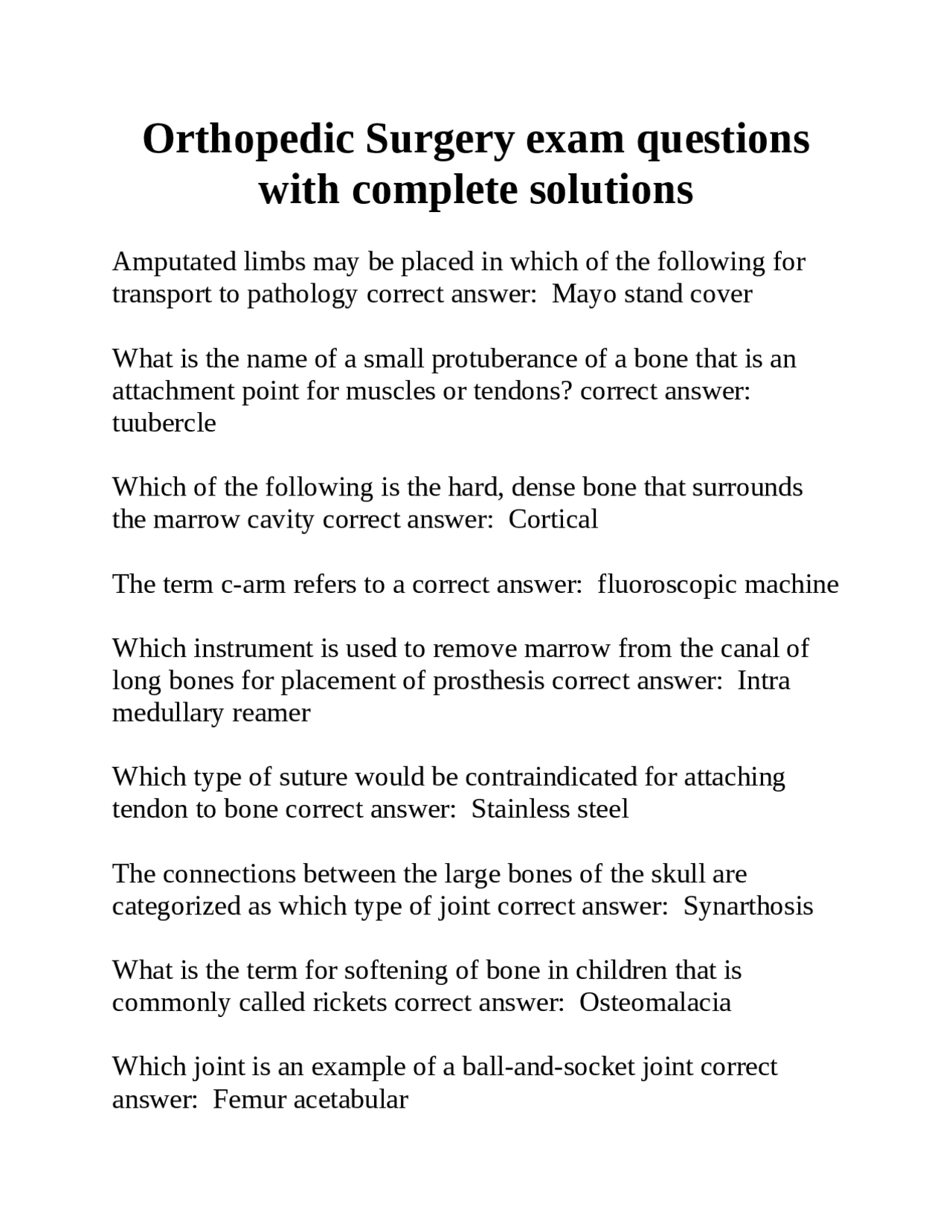 Orthopedic Surgery Exam Questions and Answers | Exams Nursing | Docsity