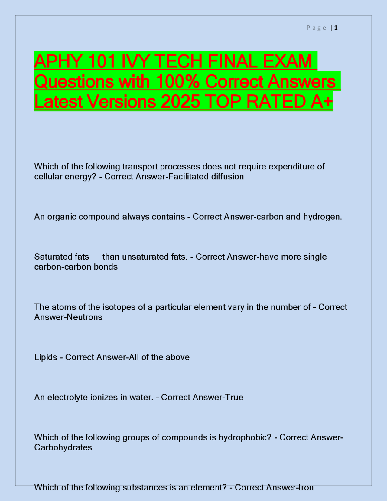 APHY 101 IVY TECH FINAL EXAM Questions with 100% Correct Answers Latest ...