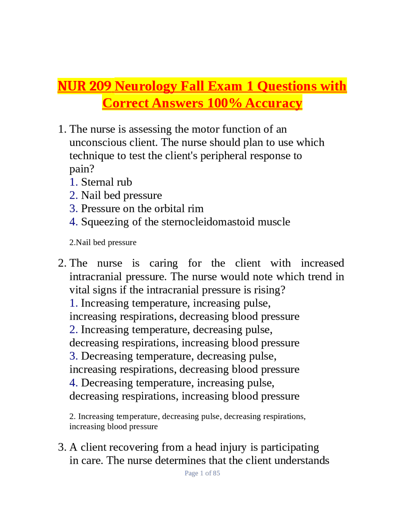 Neurology Fall Exam 1 Questions and Answers: NUR 209 | Exams Nursing ...