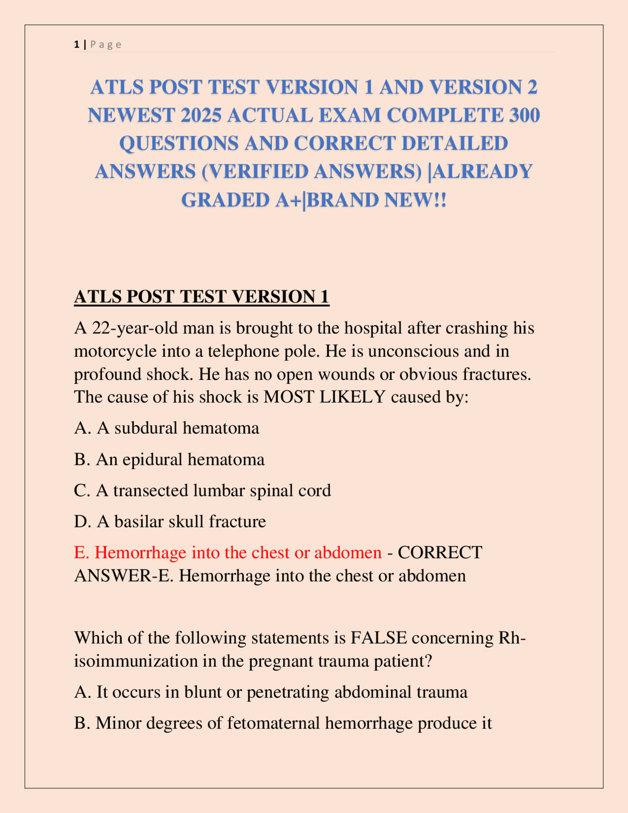 ATLS POST TEST VERSION 1 AND VERSION 2 NEWEST 2025 ACTUAL EXAM COMPLETE ...