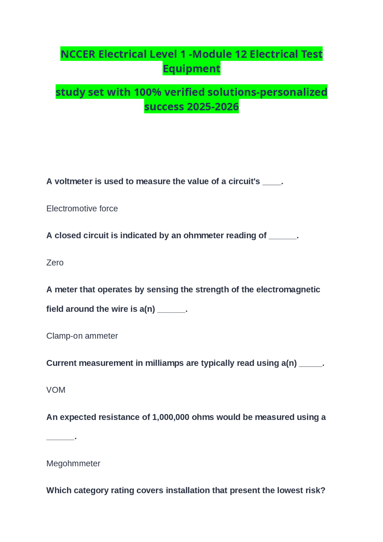 NCCER Electrical Level 1 -Module 12 Electrical Test Equipment study set ...