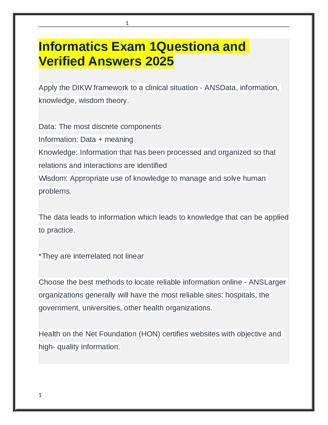 Informatics Exam 1: Questions and Verified Answers 2025 | Exams ...
