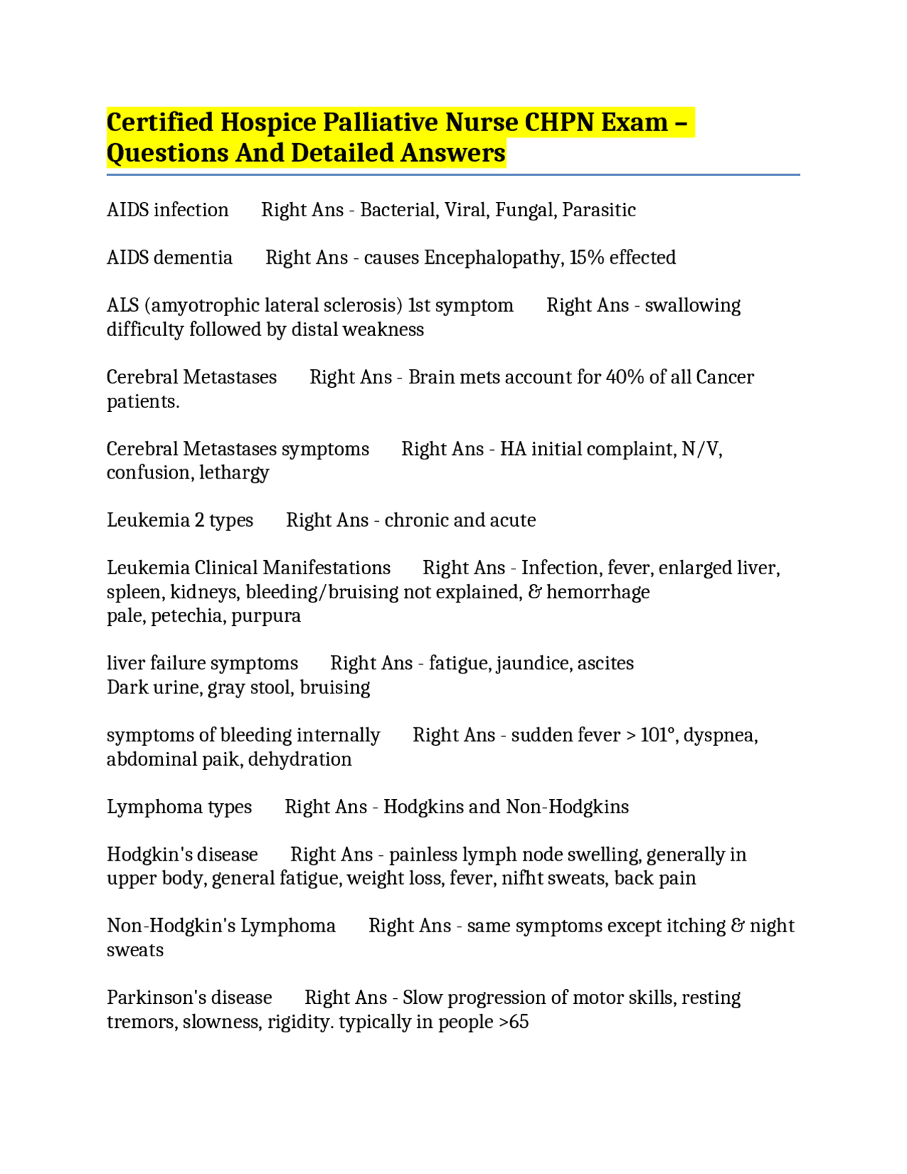 Certified Hospice Palliative Nurse CHPN Exam – Questions And Detailed ...