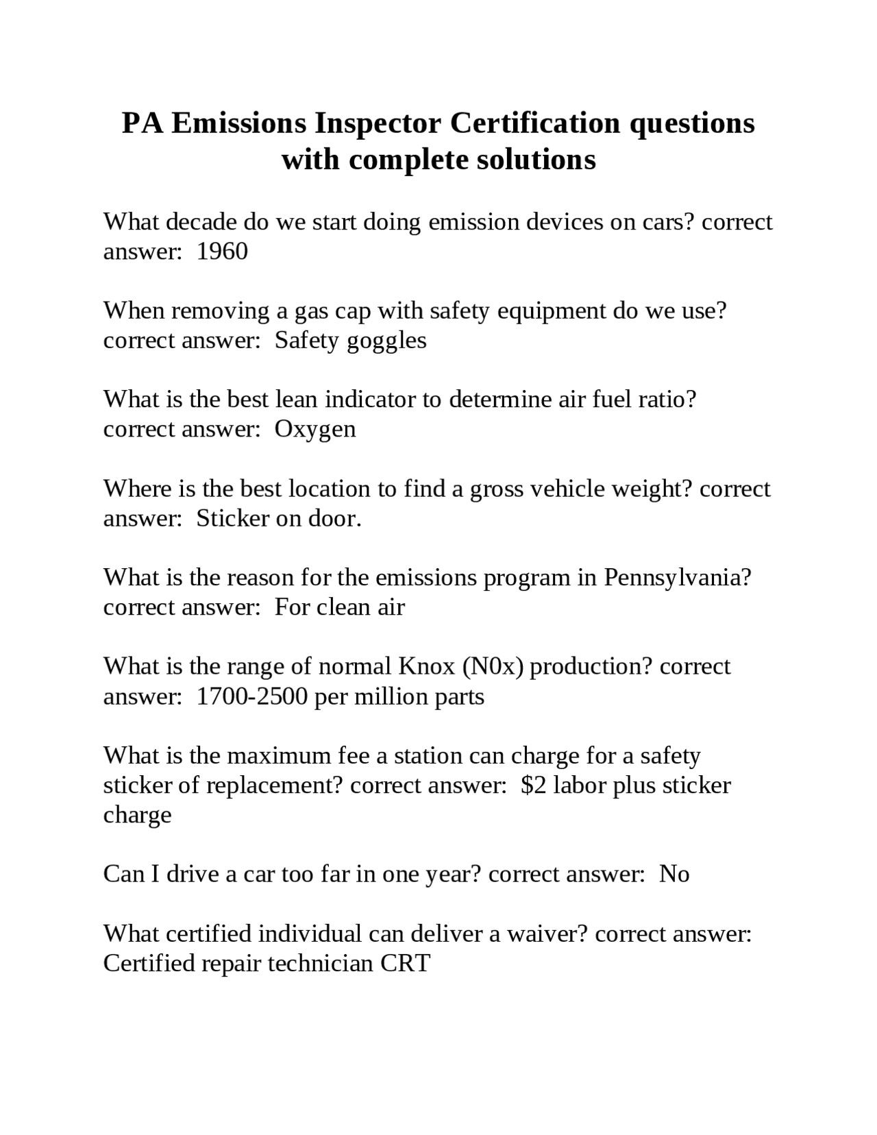 PA Emissions Inspector Certification questions with complete solutions ...