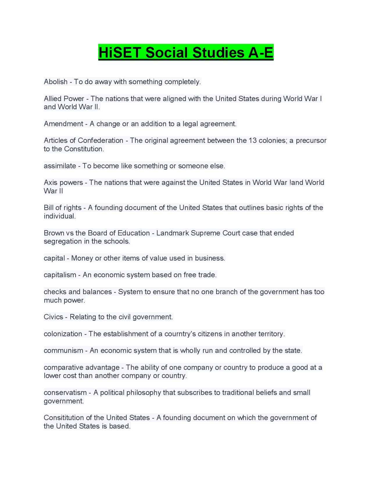 HiSET Social Studies A-E | Exercises Advanced Education | Docsity