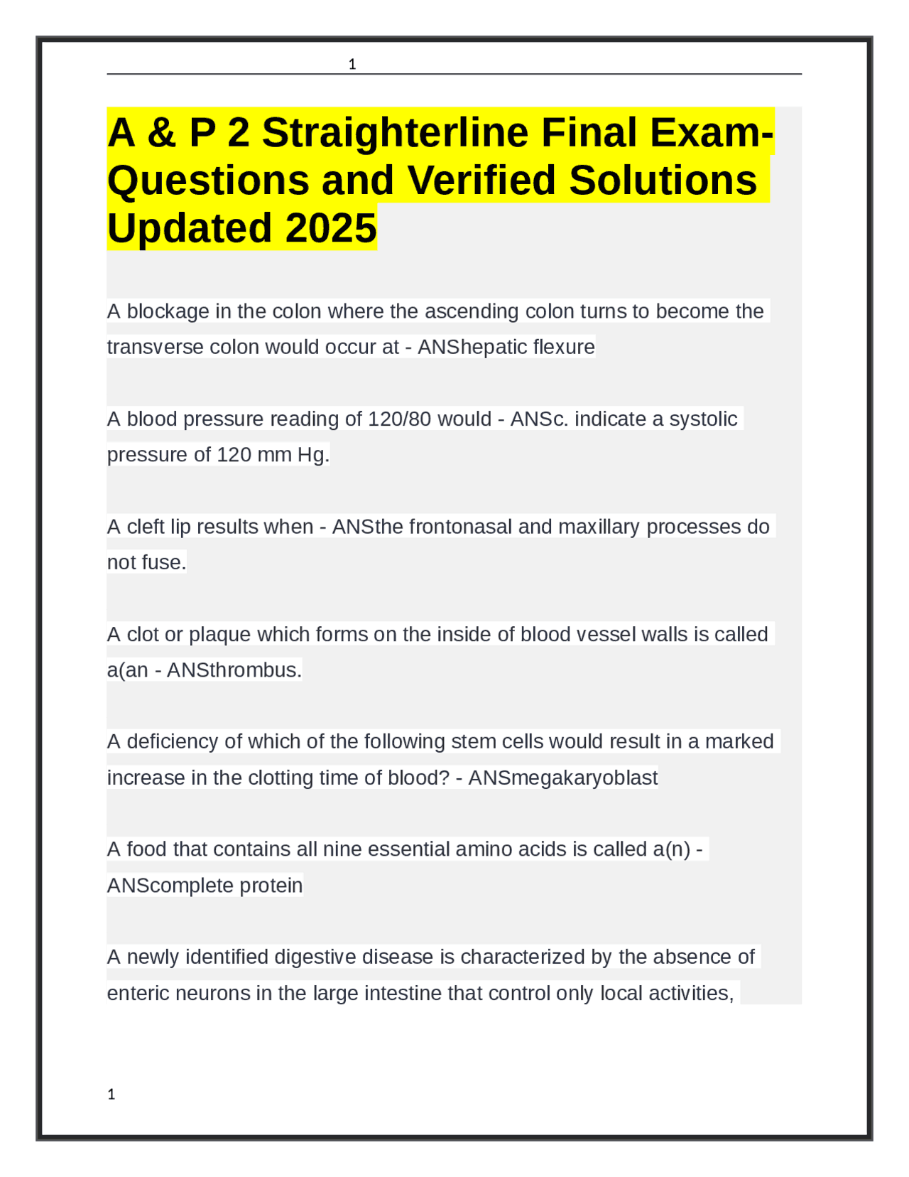 A&P 2 Straighterline Final Exam: Questions and Verified Solutions ...