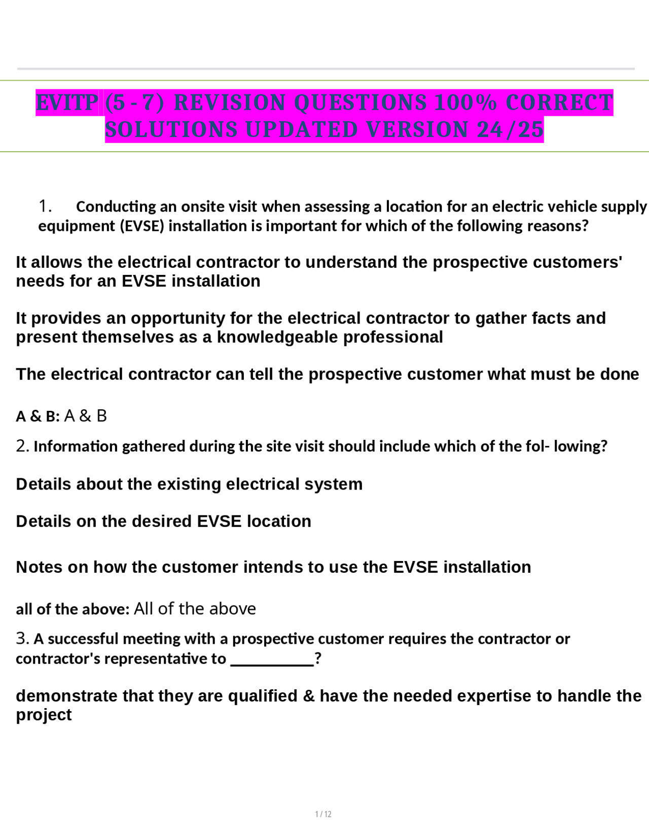 EVITP (5 - 7) REVISION QUESTIONS 100% CORRECT SOLUTIONS UPDATED VERSION ...