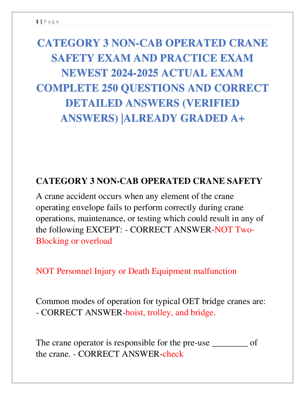 CATEGORY 3 NON-CAB OPERATED CRANE SAFETY EXAM AND PRACTICE EXAM NEWEST ...