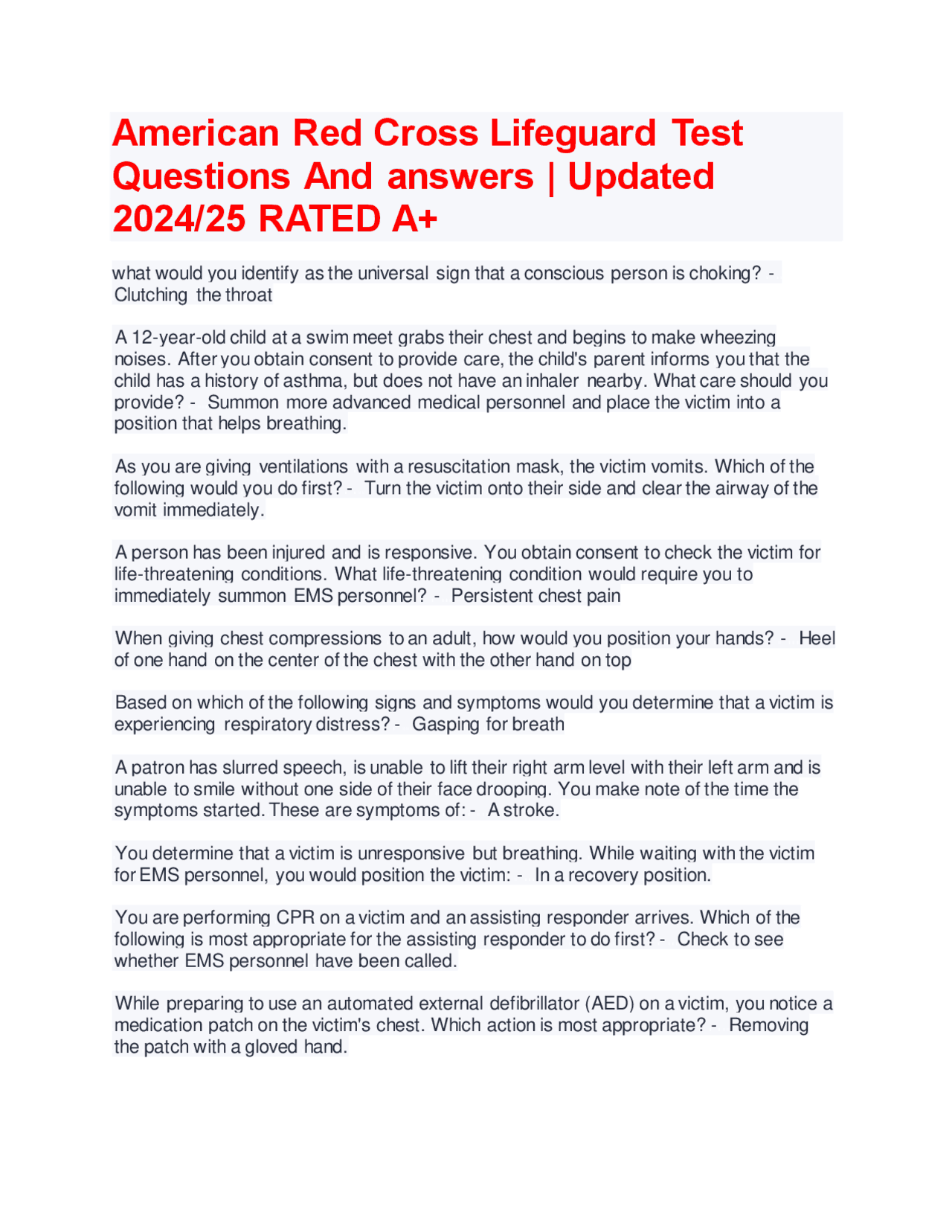 American Red Cross Lifeguard Test Questions and Answers | Exams Nursing ...