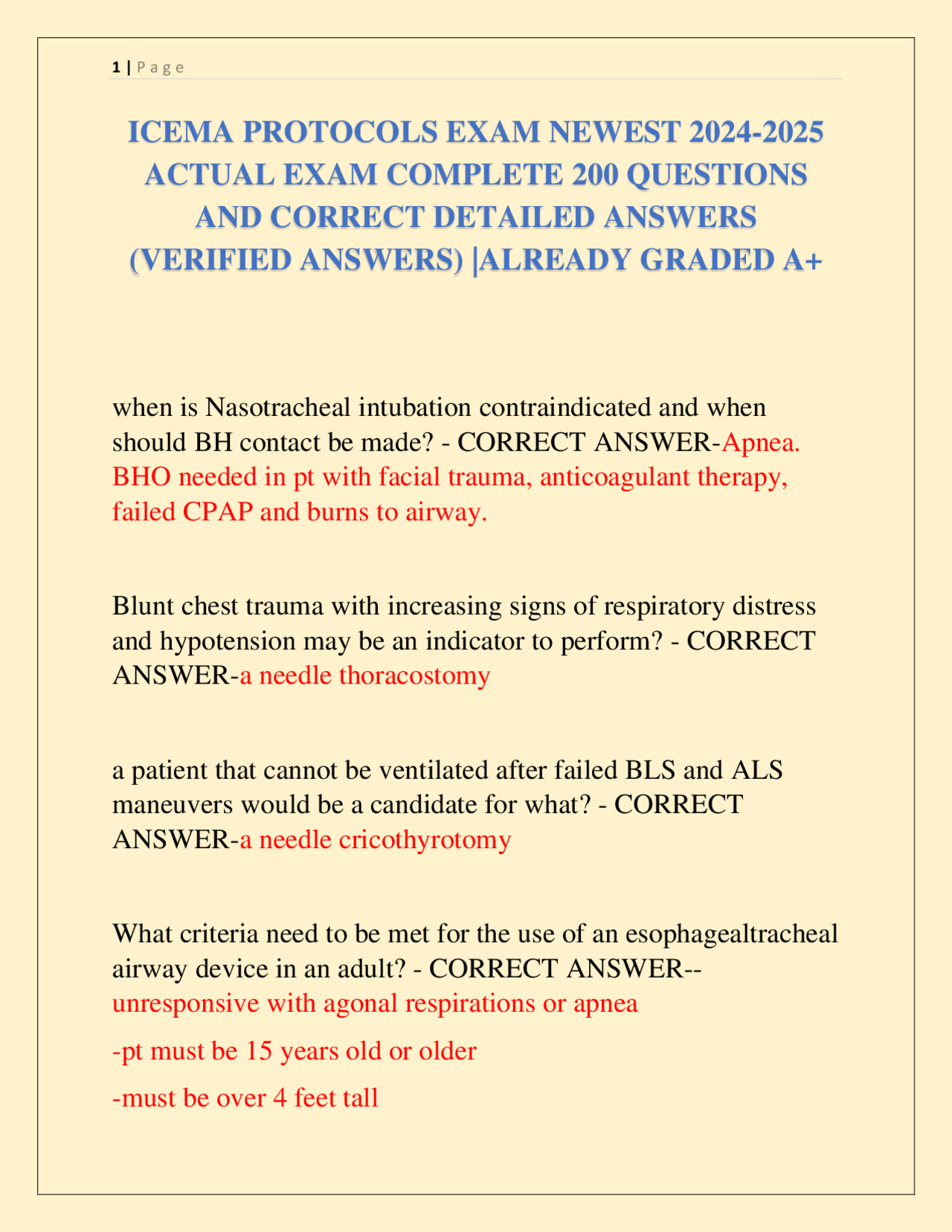 ICEMA PROTOCOLS EXAM NEWEST 2024-2025 ACTUAL EXAM COMPLETE 200 ...