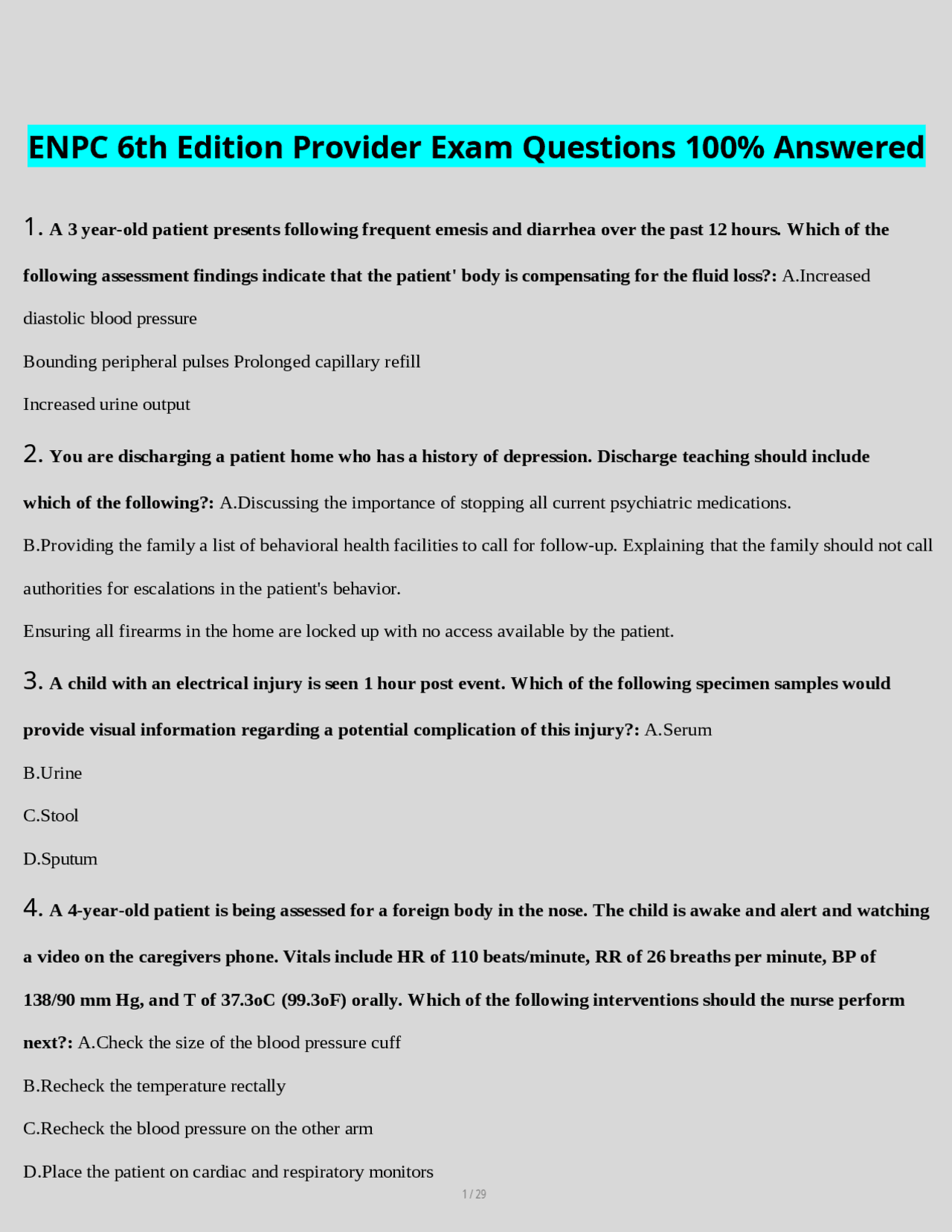 ENPC 6th Edition Provider Exam Questions 100% Answered | Exams Nursing ...