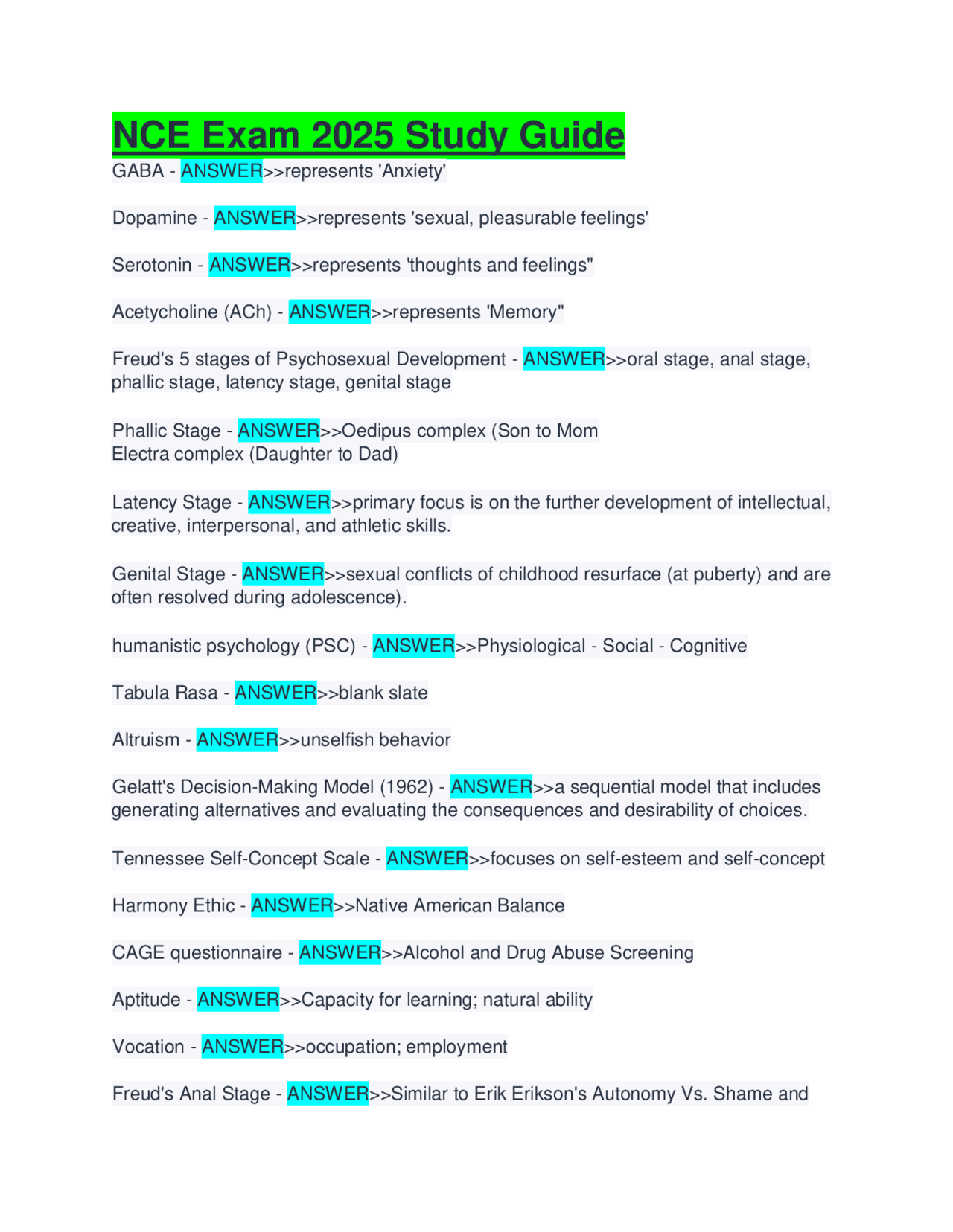 NCE Exam 2025 Study Guide Exam Questions And Answers | Exams Nursing | Docsity