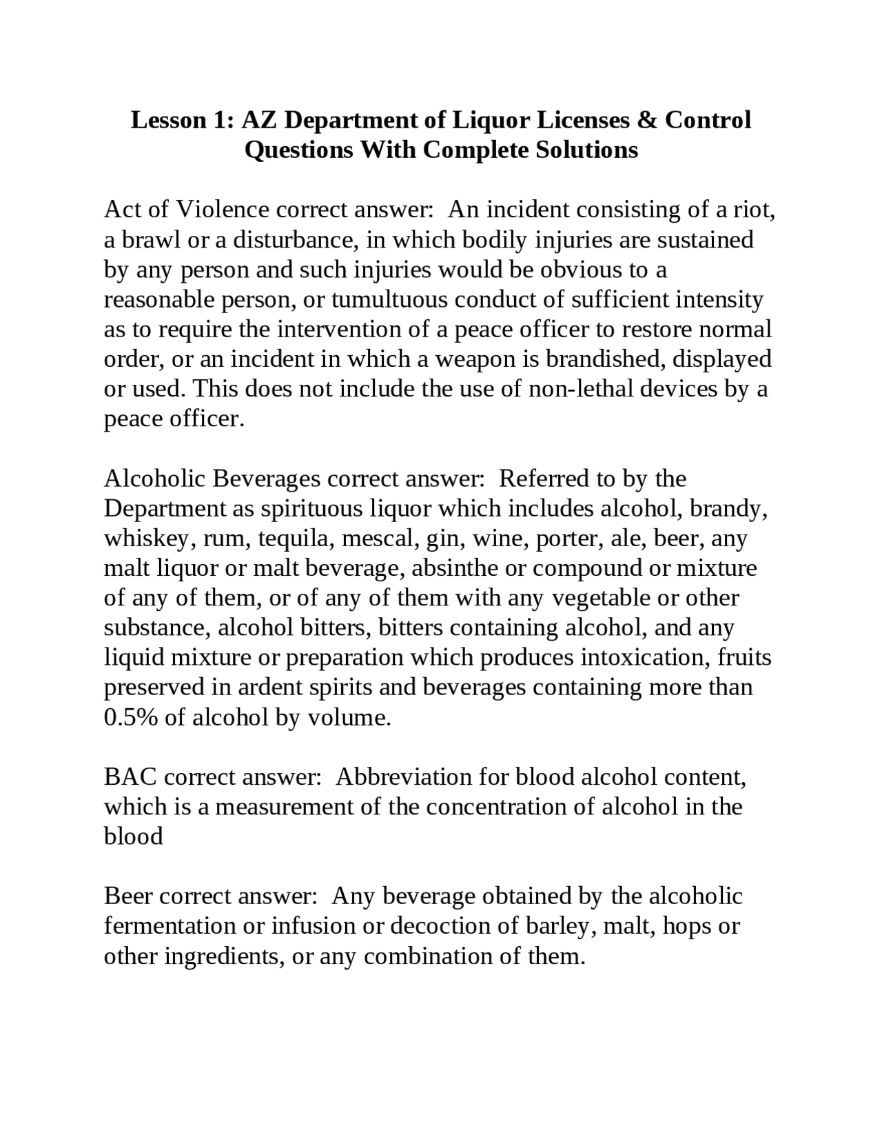 Lesson 1: AZ Department of Liquor Licenses & Control Questions With ...