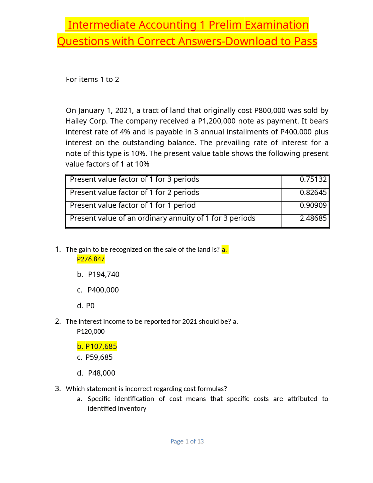 Intermediate Accounting 1 Prelim Examination Questions with Correct ...