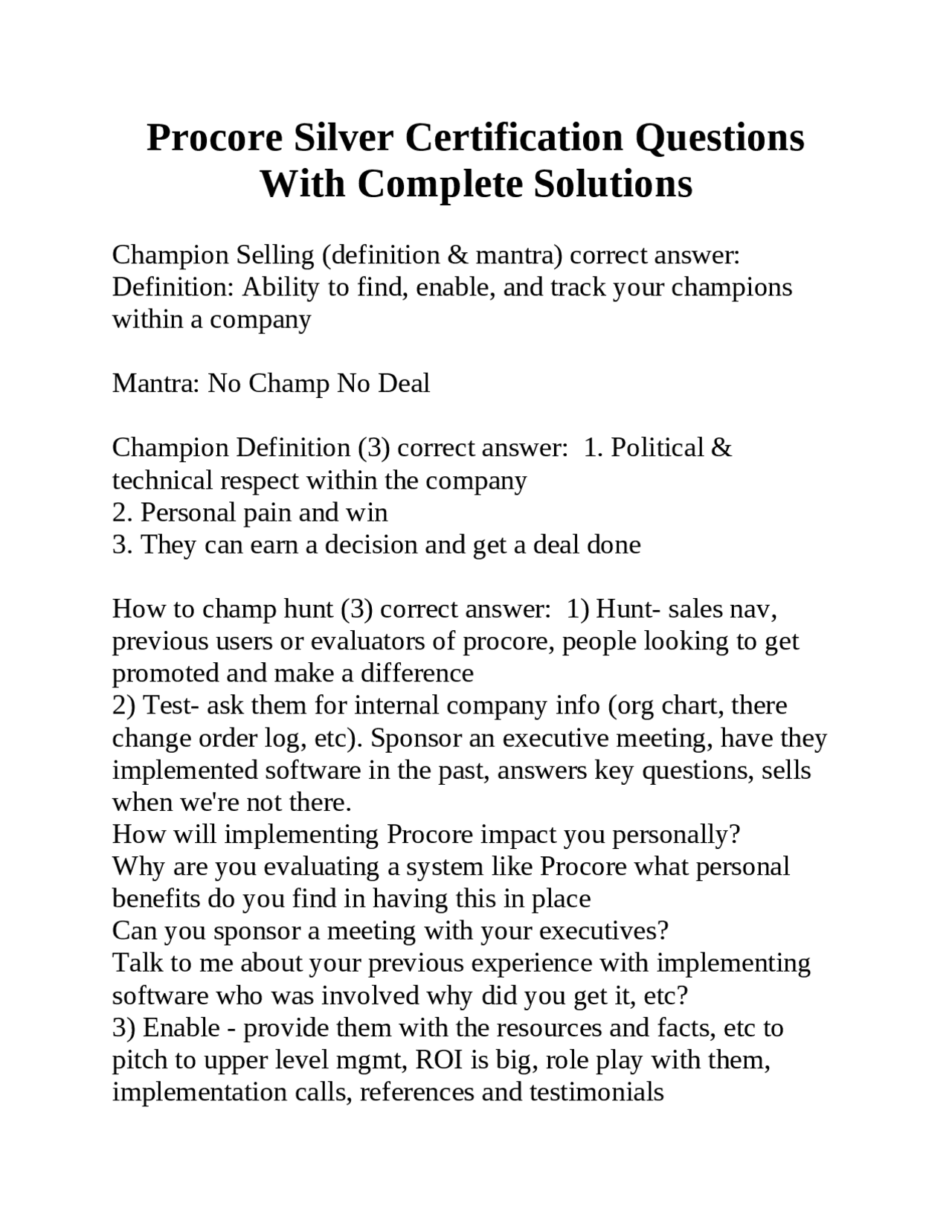 Procore Silver Certification Questions and Answers | Exams Nursing ...