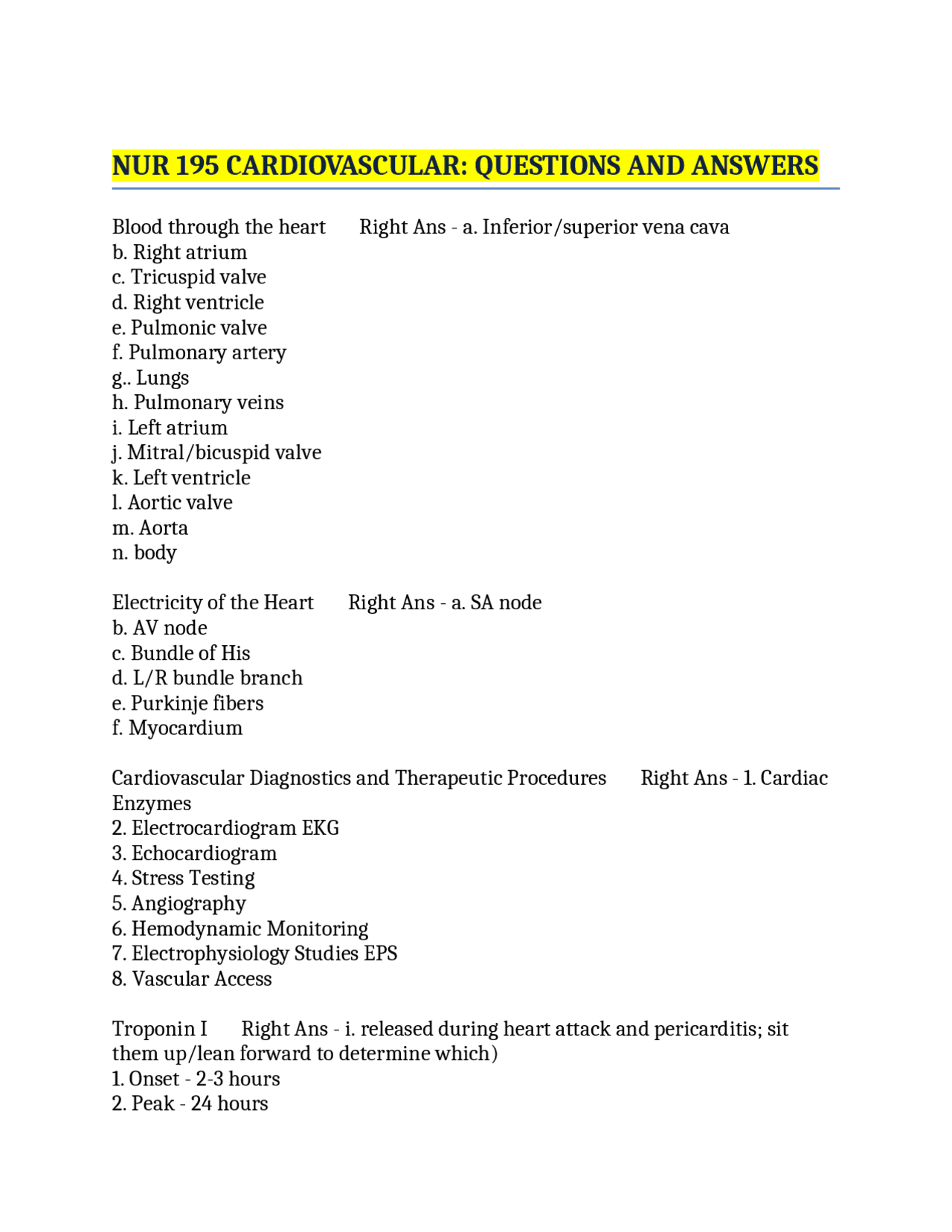 Cardiovascular System: Questions and Answers for Nursing Students ...