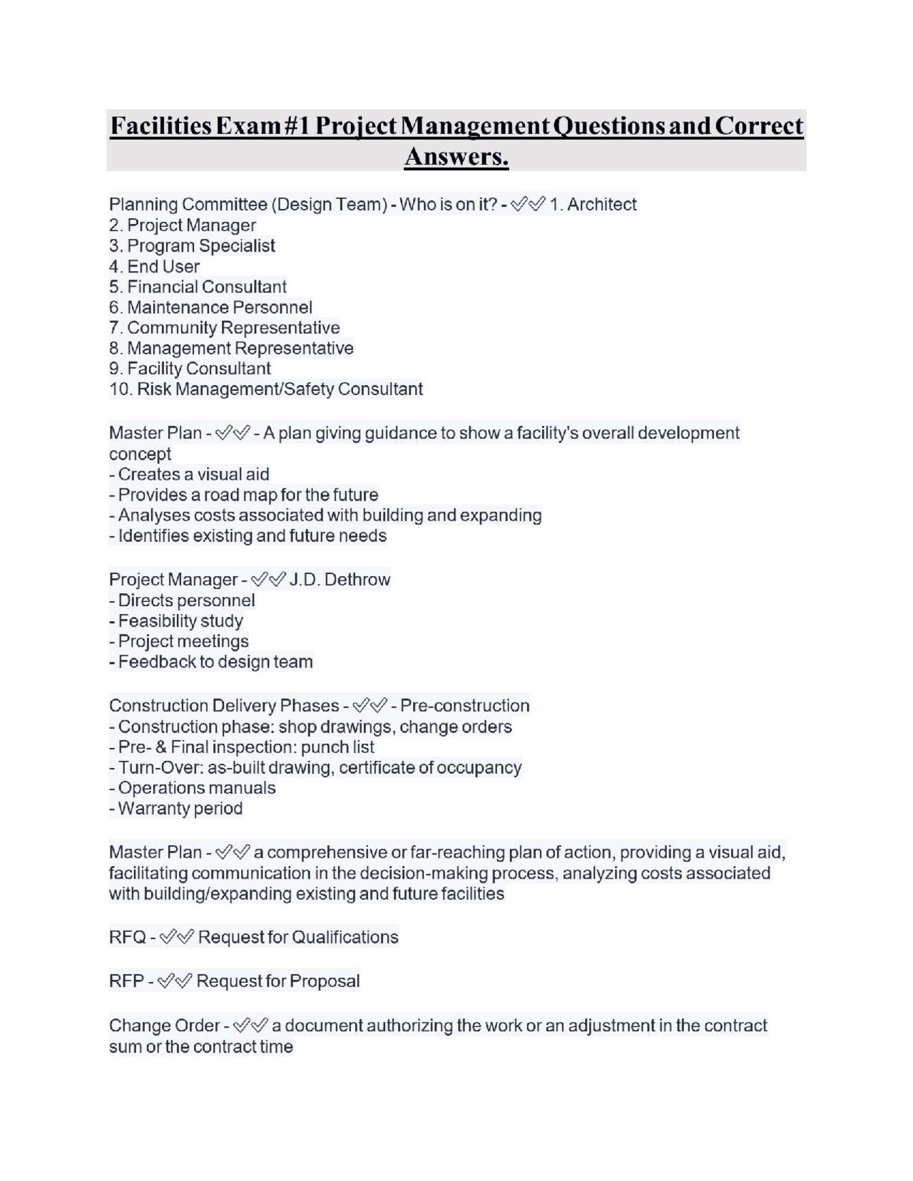 Facilities Exam #1 Project Management Questions and Correct Answers | Exams Project Management ...