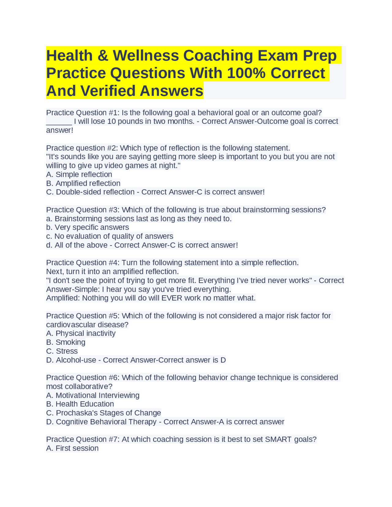 Health & Wellness Coaching Exam Prep Practice Questions With 100% ...