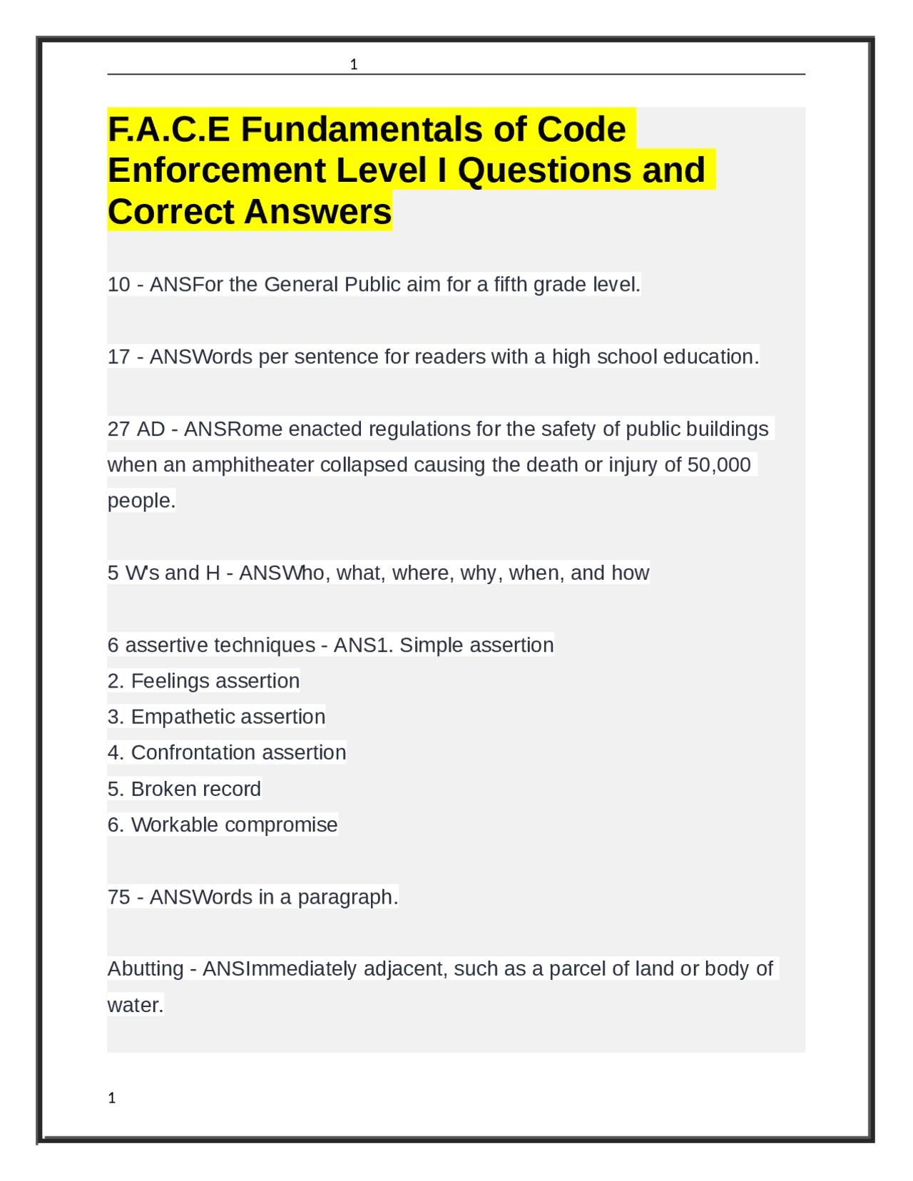 F.A.C.E Fundamentals of Code Enforcement Level I Questions and Correct Answers | Exams Building ...