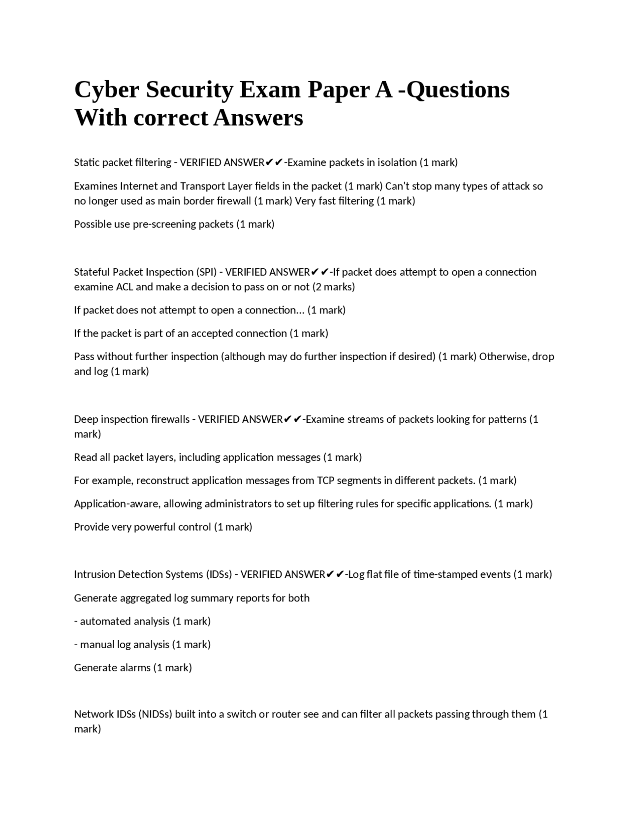 Cyber Security Exam Paper A -Questions With correct Answers | Exams Computer Science | Docsity