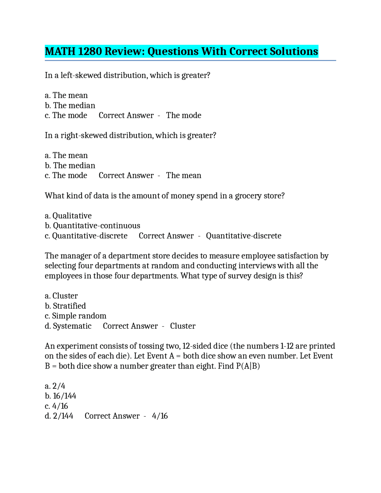 MATH 1280 Review: Questions With Correct Solutions | Exams Mathematics ...