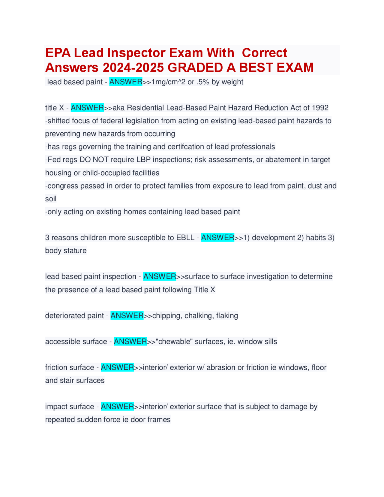EPA Lead Inspector Exam With Correct Answers 2024-2025 GRADED A BEST ...