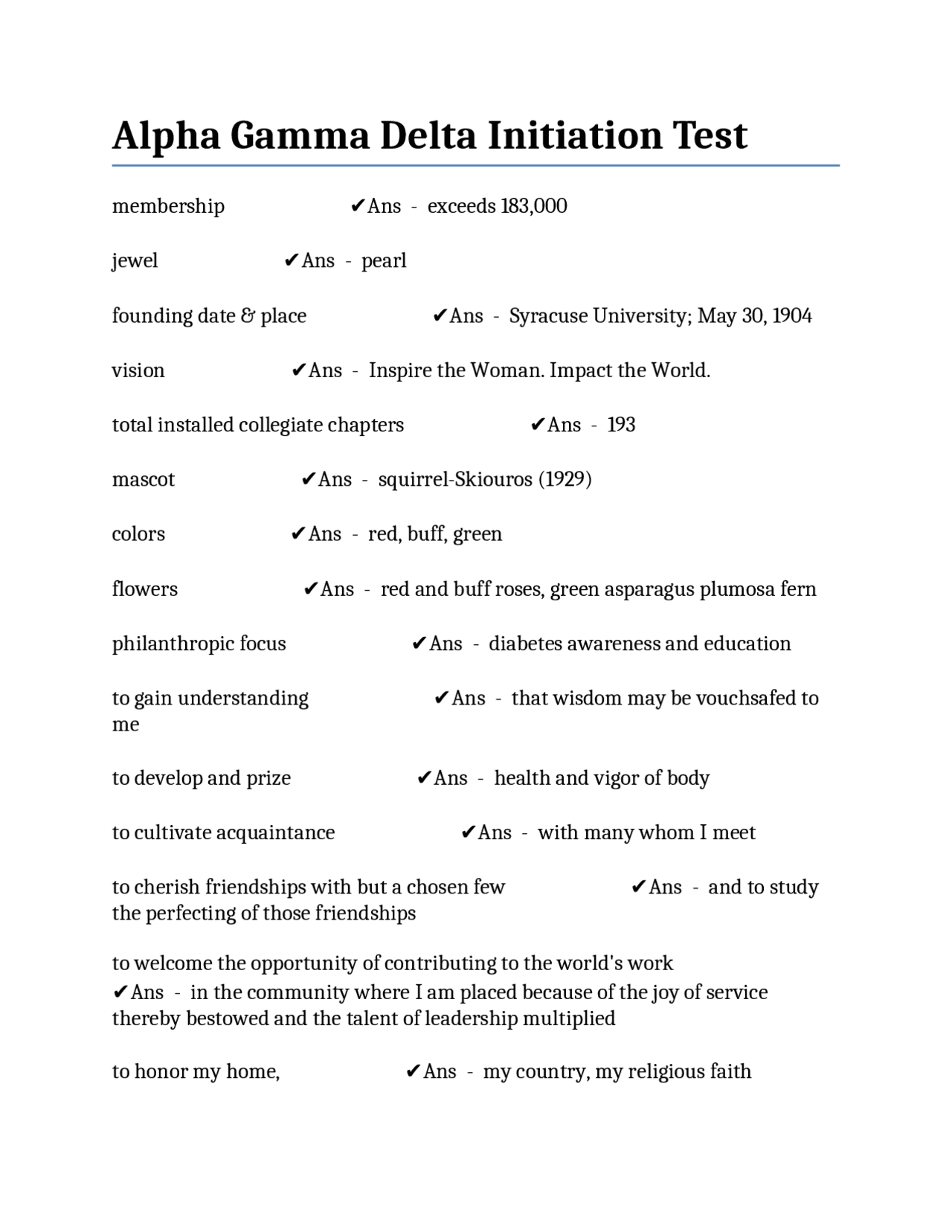 Alpha Gamma Delta Initiation Test | Exams Nursing | Docsity