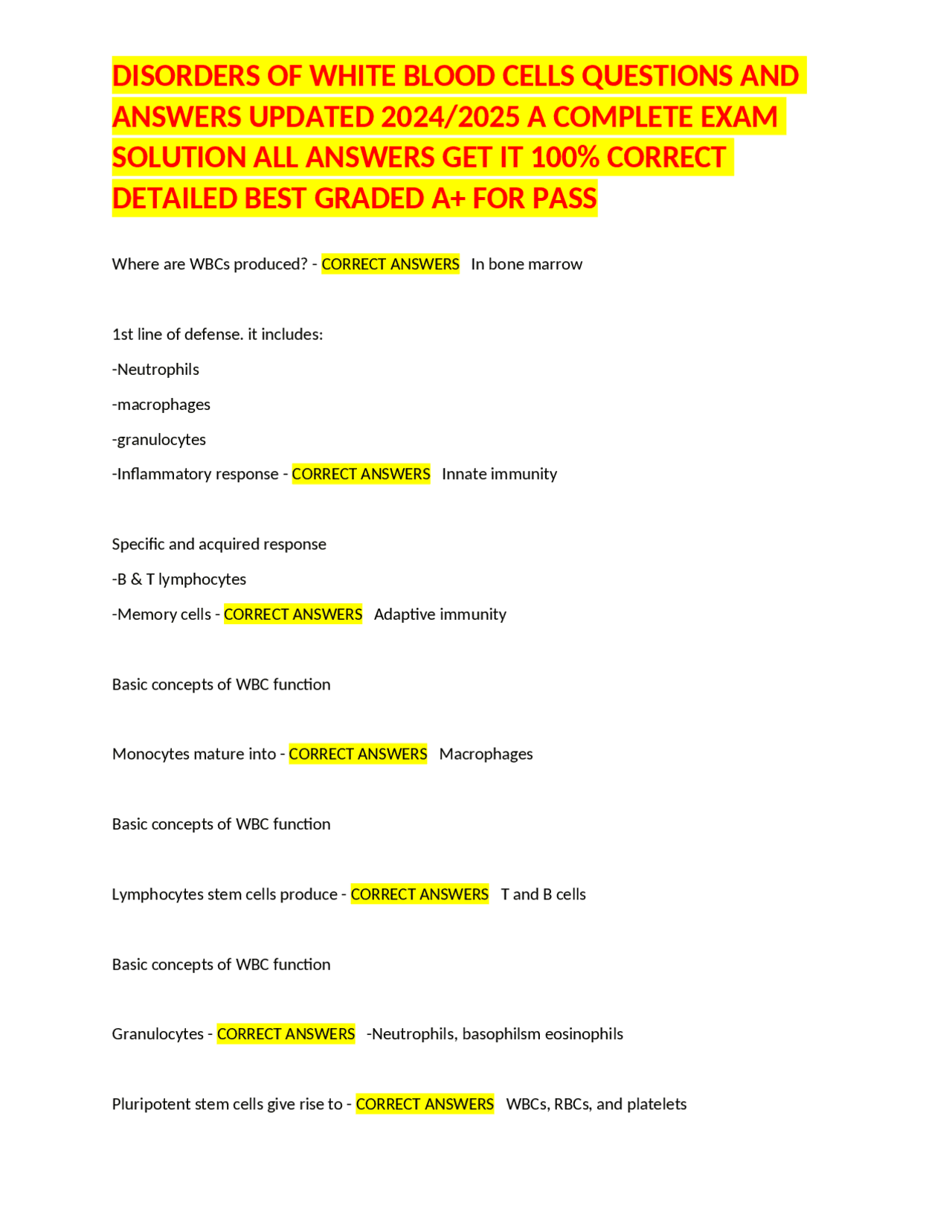 DISORDERS OF WHITE BLOOD CELLS QUESTIONS AND ANSWERS UPDATED 2024/2025 ...