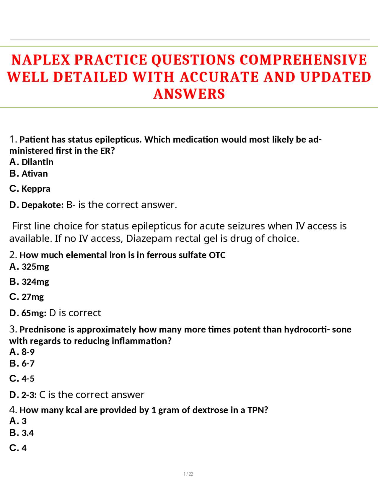NAPLEX PRACTICE QUESTIONS COMPREHENSIVE WELL DETAILED WITH ACCURATE AND ...