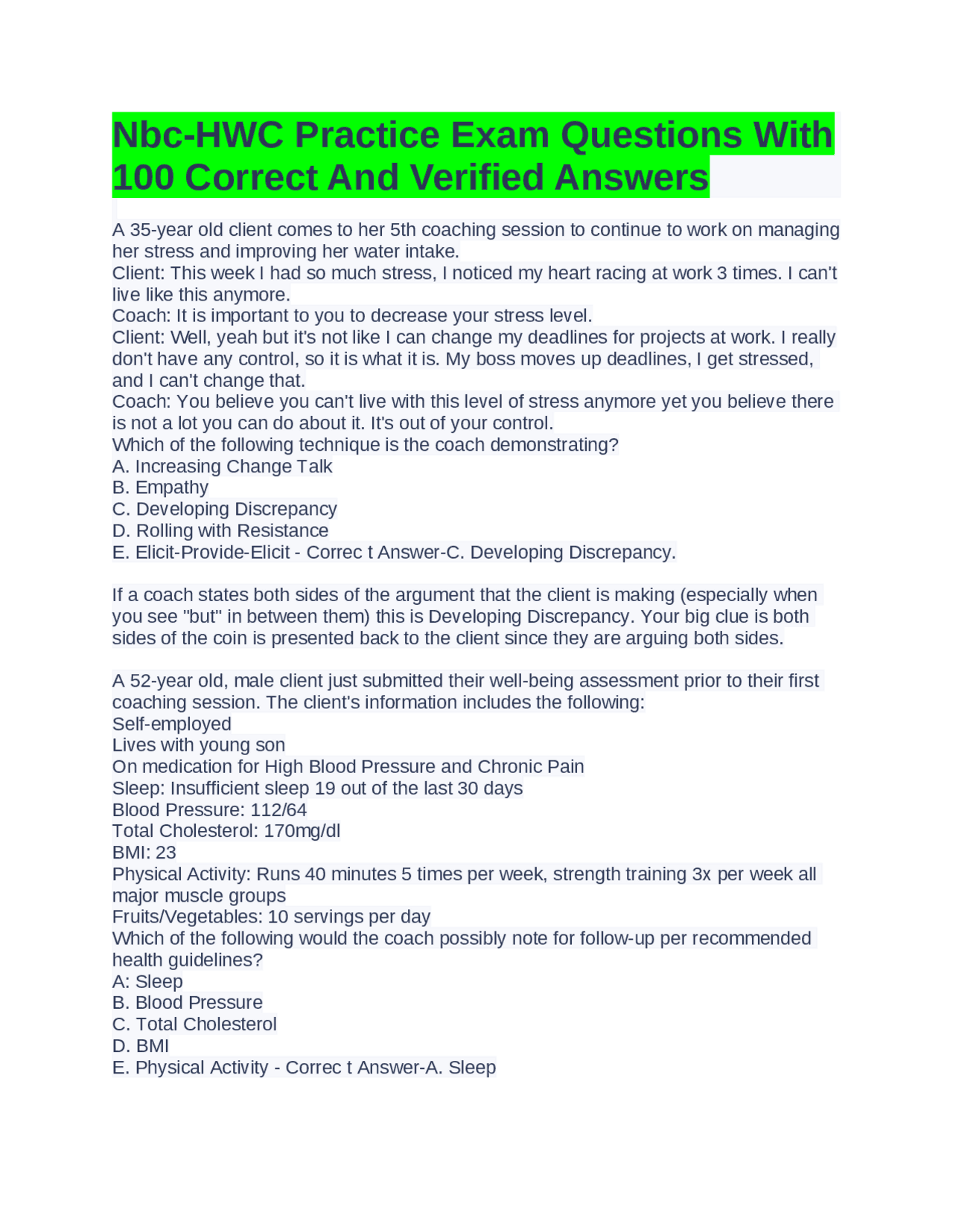 Nbc-HWC Practice Exam Questions With 100 Correct And Verified Answers ...