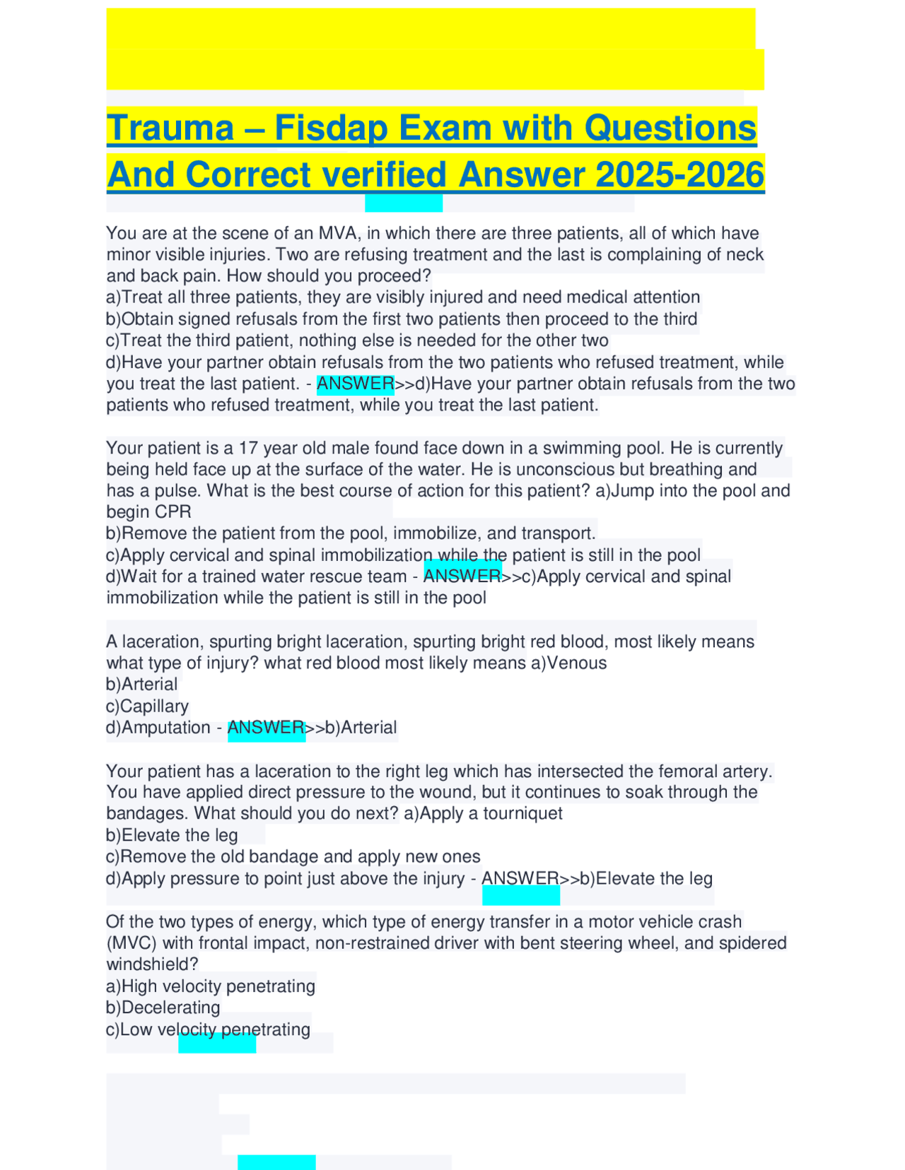Trauma – Fisdap Exam with Questions And Correct verified Answer 2025-2026 . | Exams Nursing ...