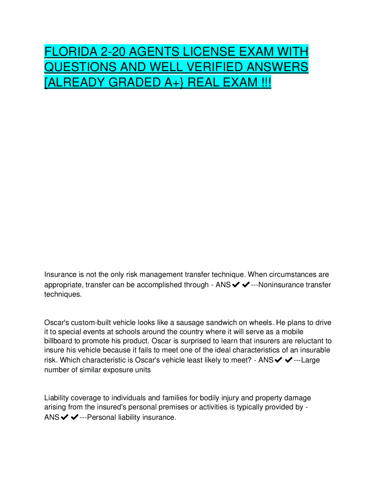 FLORIDA 2-20 AGENTS LICENSE EXAM WITH QUESTIONS AND WELL VERIFIED ...