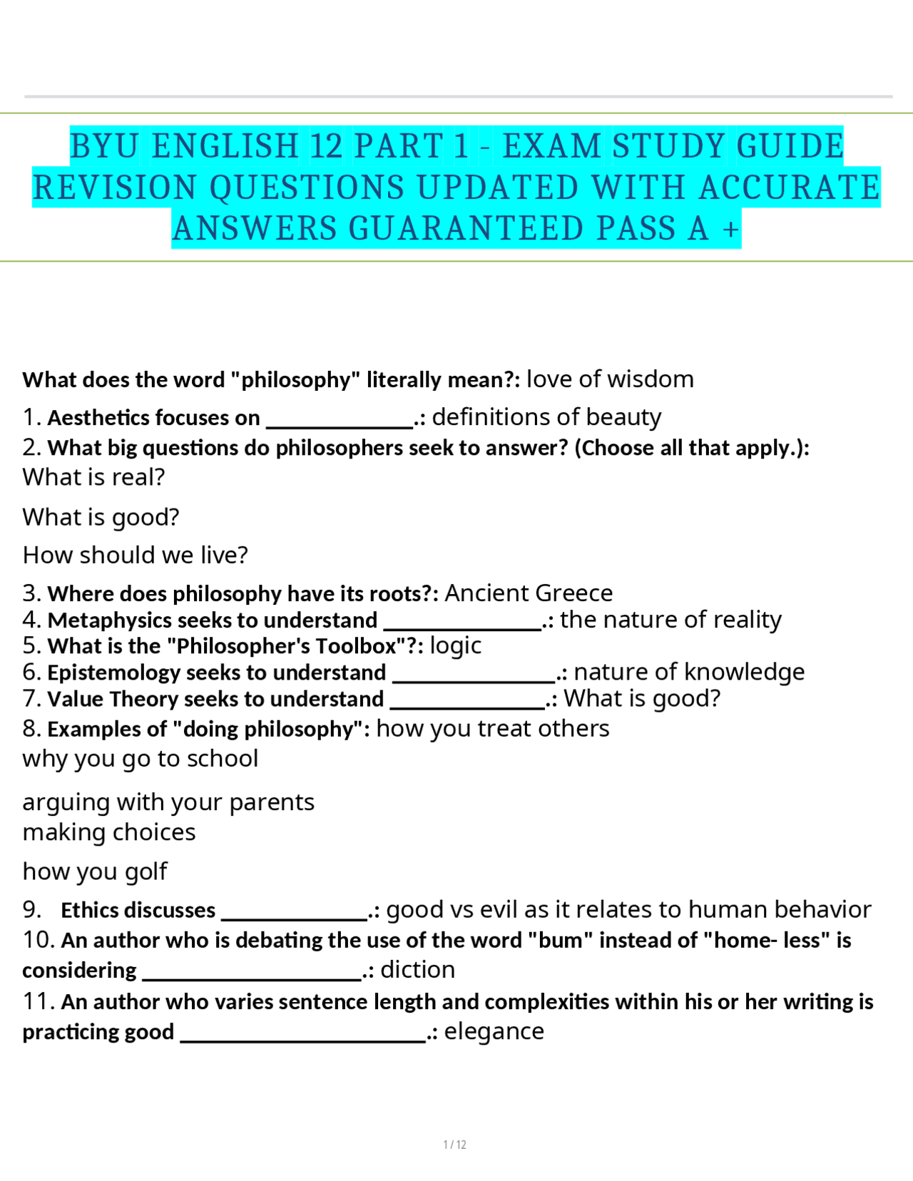 BYU ENGLISH 12 PART 1 - EXAM STUDY GUIDE REVISION QUESTIONS UPDATED WITH ACCURATE ANSWERS ...