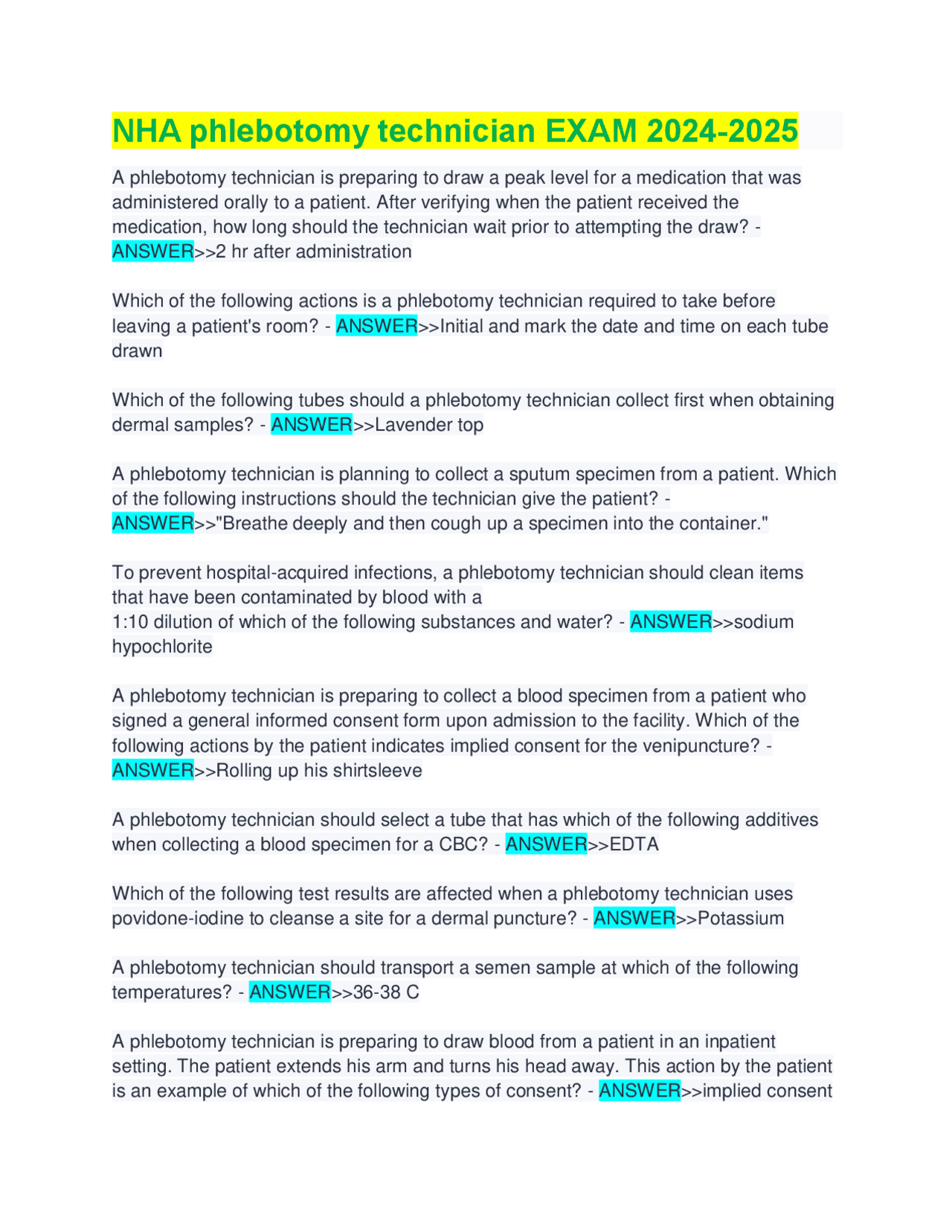 NHA phlebotomy technician EXAM 2024-2025 | Exams Nursing | Docsity