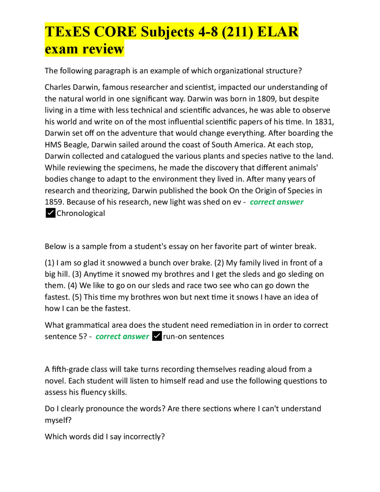 TExES CORE Subjects 4-8 (211) ELAR exam review. | Exams Nursing | Docsity