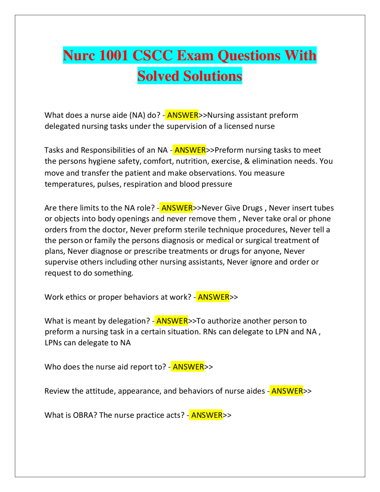 Nurc 1001 CSCC Exam Questions With Solved Solutions: A Guide for ...