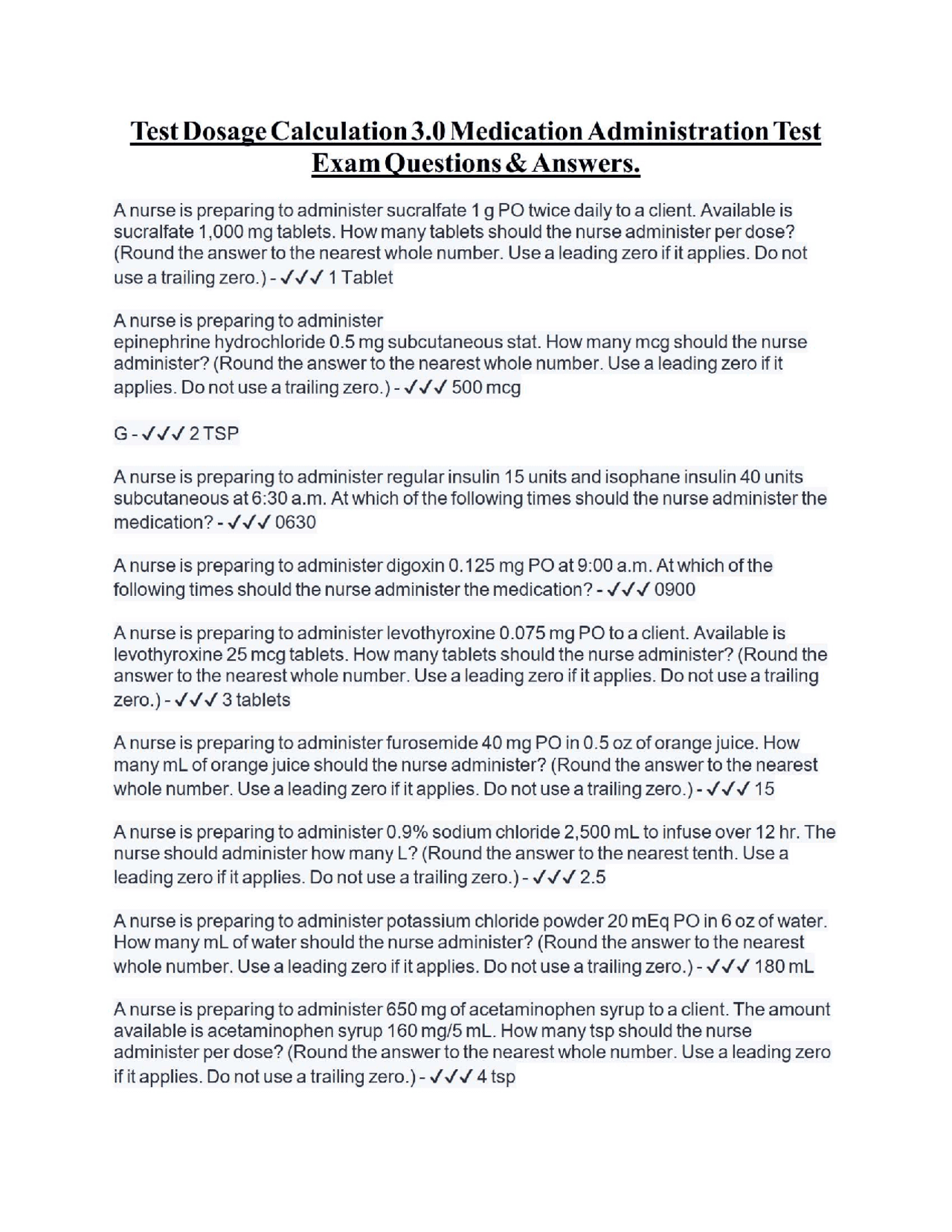 Test Dosage Calculation 3.0 Medication Administration Test Exam ...