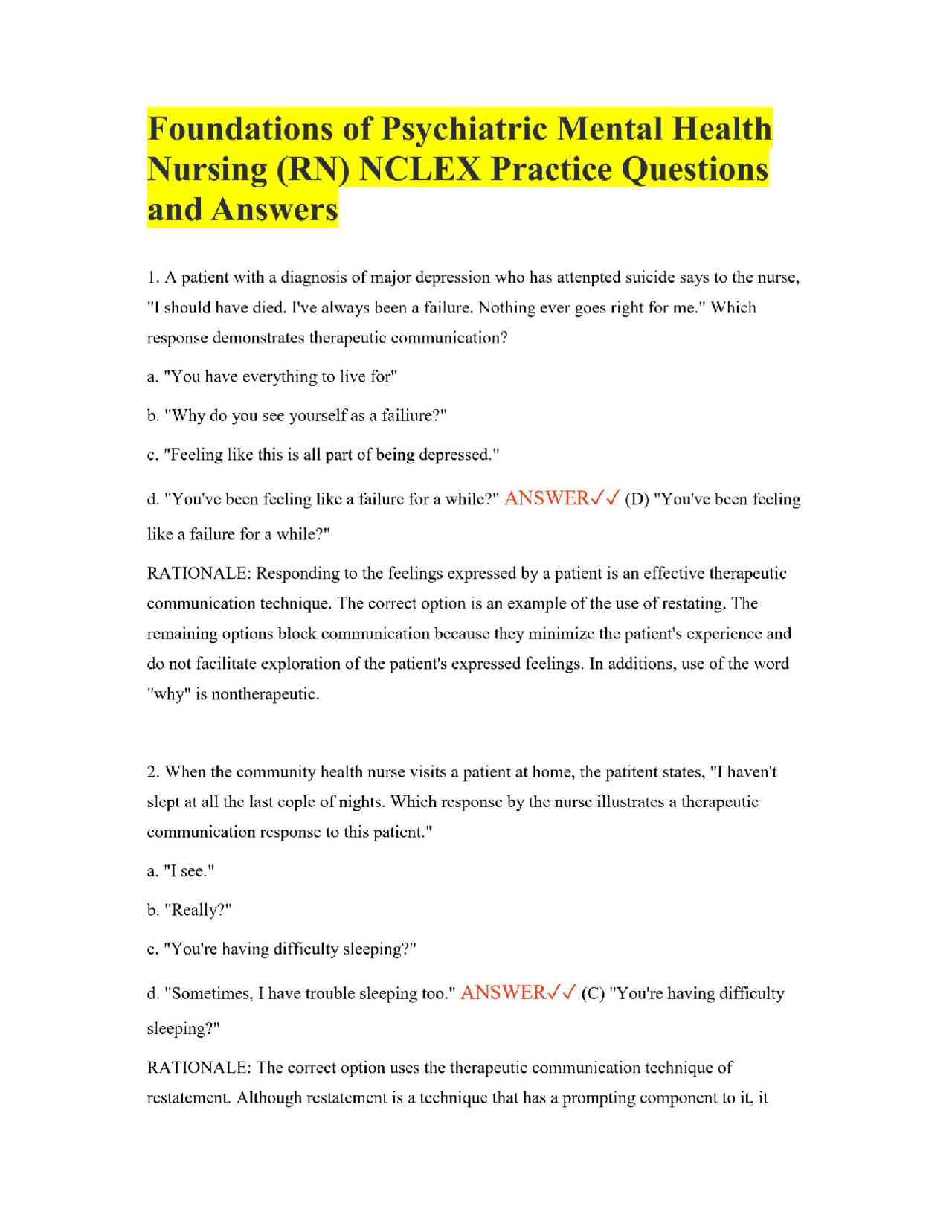 Foundations of Psychiatric Mental Health Nursing (RN) NCLEX Practice ...